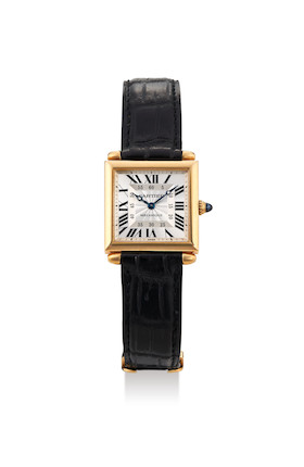 Bonhams : Cartier. A 18K Yellow Gold Square Wristwatch, With box ...