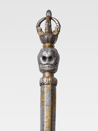 Bonhams : A GOLD AND SILVER DAMASCENED IRON KAPALA DANDA DERGE, EASTERN ...