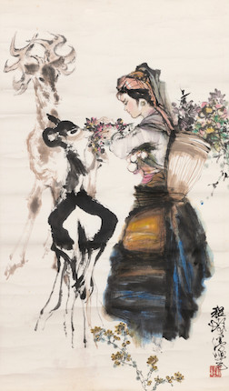 Bonhams : CHENG SHIFA (1921-2007) A Girl and Two Deer