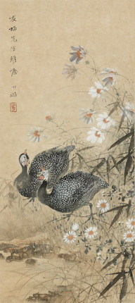 Bonhams : BAO SHAOYOU (1892-1985) Two Guineafowls and Flowers