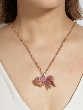 Bonhams : QEELIN RUBY, COLOURED SAPPHIRE AND DIAMOND 'GOLDFISH' PENDANT ...