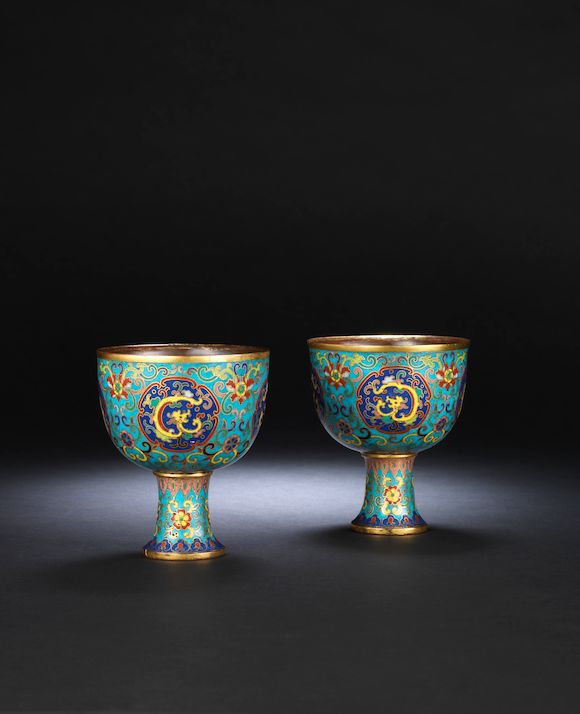 Bonhams : A rare pair of gilt-bronze and cloisonné enamel stem cups ...