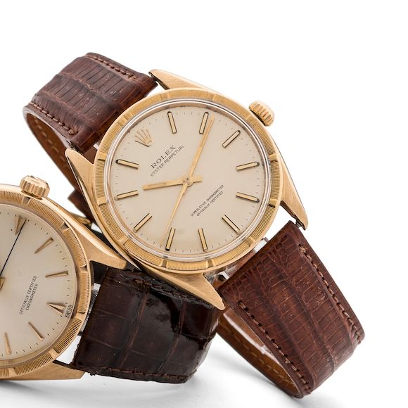 Bonhams : Rolex. An 18K gold automatic wristwatch Oyster Perpetual, Ref1007, Case No.551370 ...