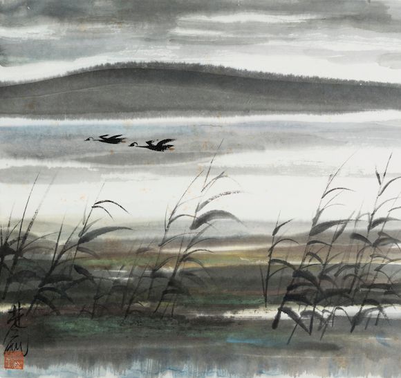 Bonhams : Lin Fengmian (1900-1991) Wild Geese Above Reeds
