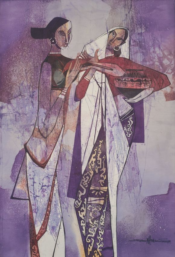 Bonhams : Seah Kim Joo (Singaporean, b.1939) Two Ladies with Bird