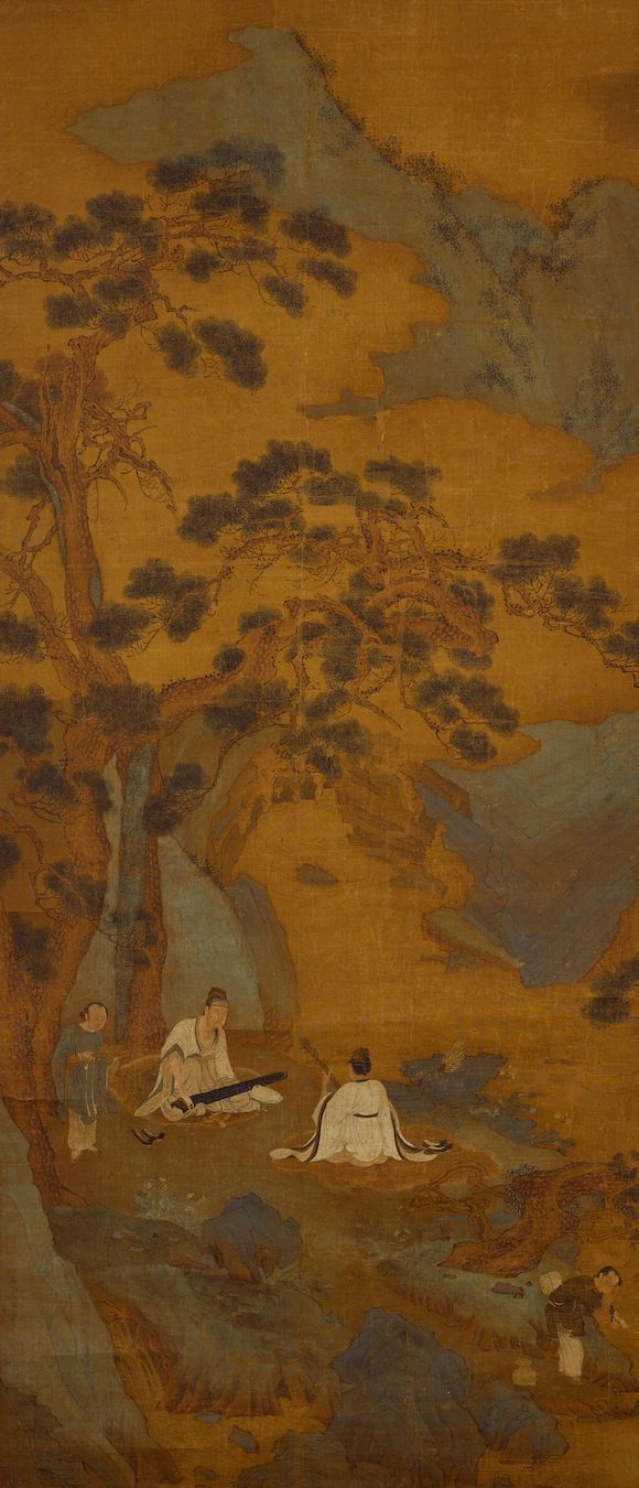 Bonhams : Attributed to Qiu Ying (1494-1552) Playing Music Under the Pines