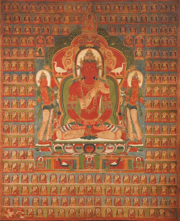 Bonhams : A THANGKA OF AMITAYUS TIBET, 14TH CENTURY