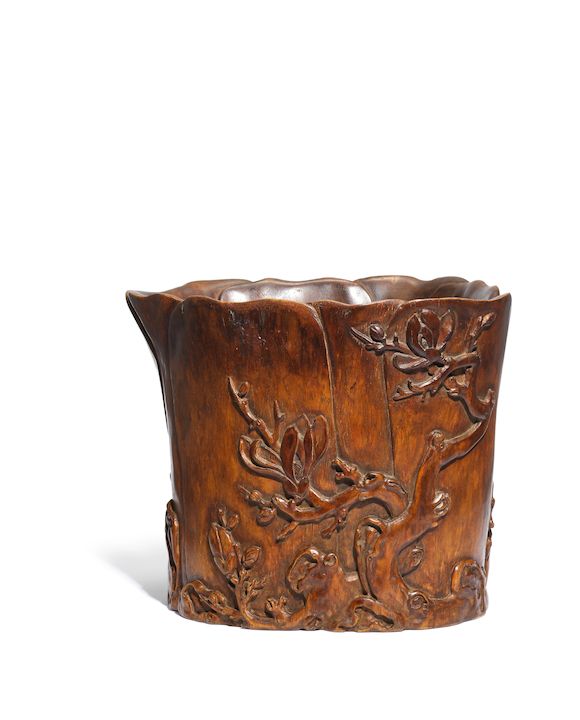 Bonhams : A rare and large huanghuali 'magnolia' scroll pot 17th/18th ...