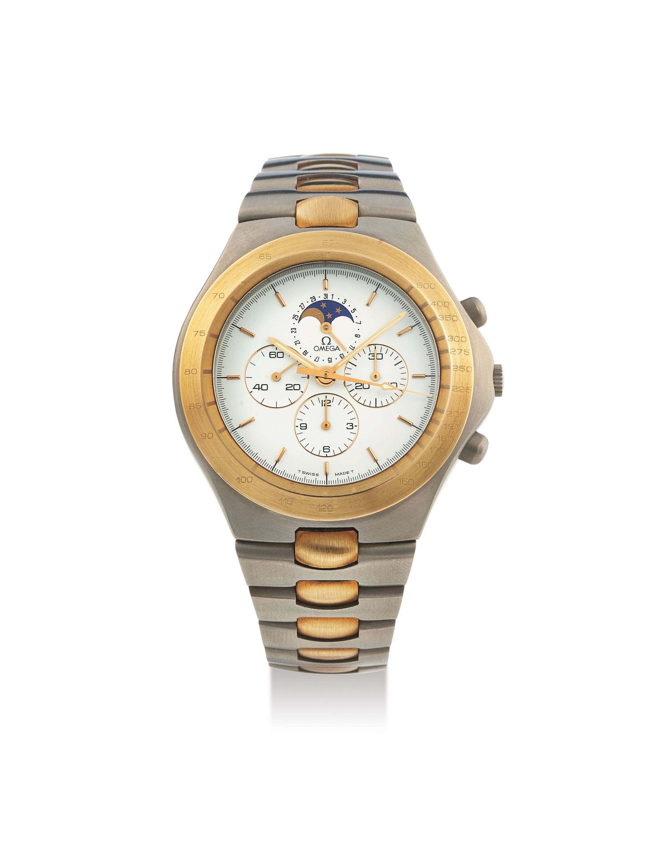 Bonhams : Omega. A Titanium and Yellow Gold Chronograph Bracelet Watch ...