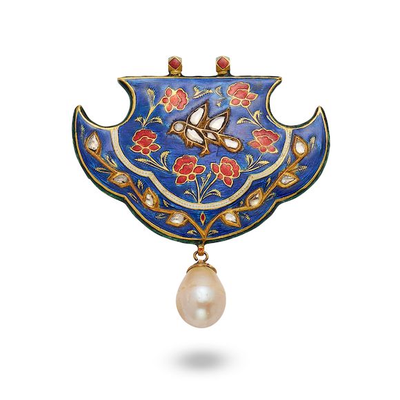 Bonhams : AN ENAMELLED PENDANT WITH INSET DIAMONDS AND PEARL INDIA ...