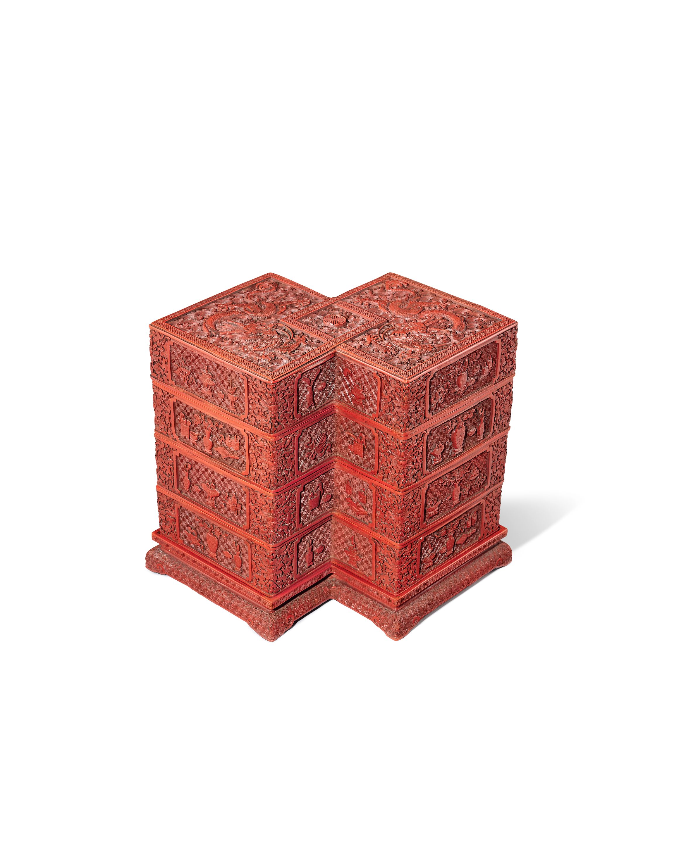 Bonhams : A rare carved cinnabar-lacquer tiered double-lozenge shaped ...