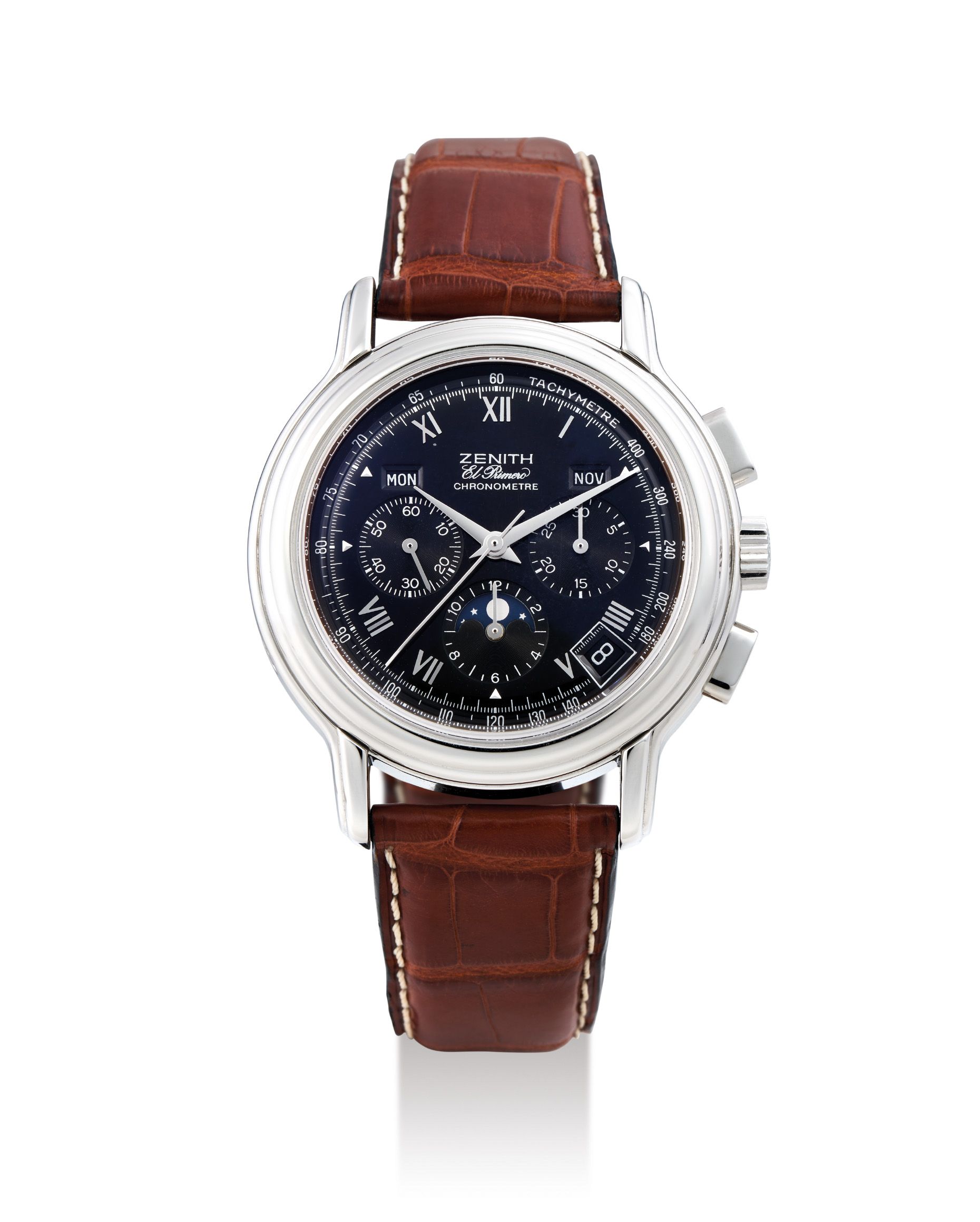 Bonhams : Zenith. A Stainless Steel Chronograph Wristwatch with Black ...