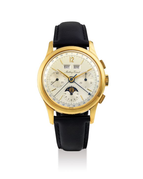 Bonhams : Mathey Tissot. A 18K Gold Triple Calendar Chronograph Wristwatch with Moon Phases ...