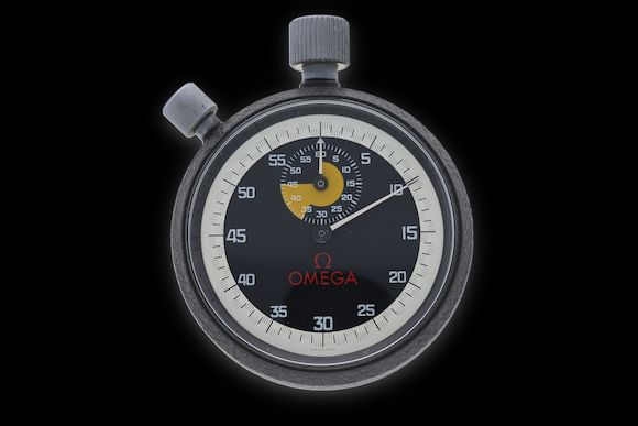 Bonhams : Omega. A Stopwatch with Black Dial, With box