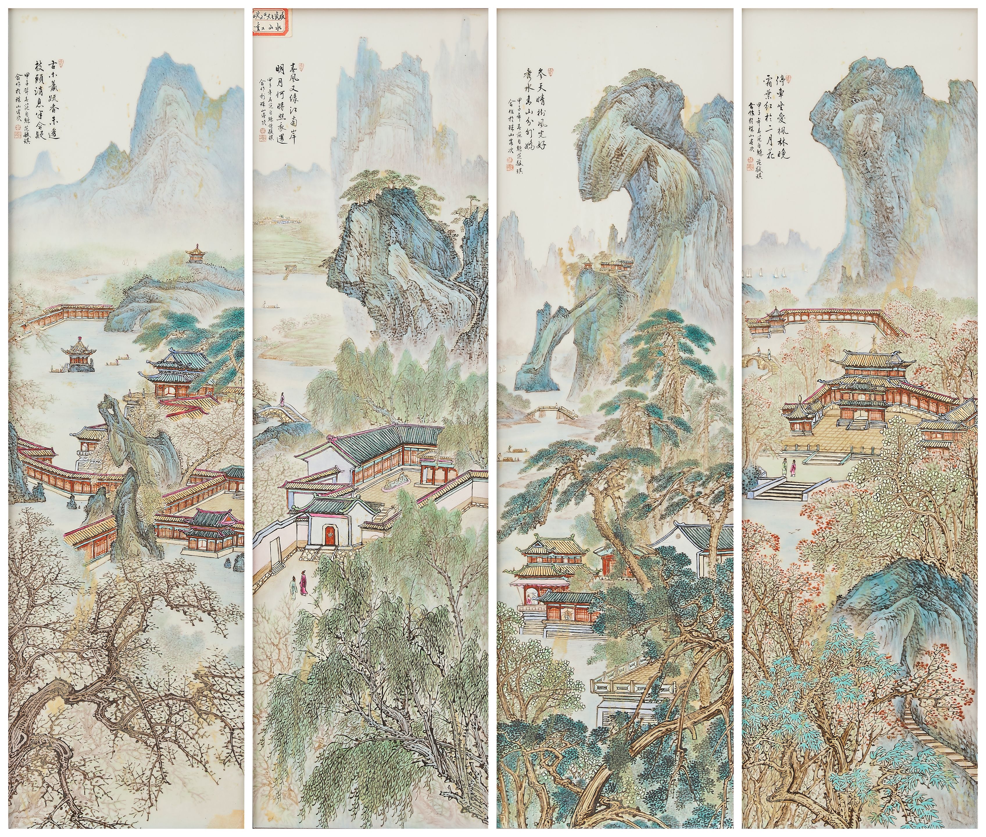Bonhams : Four painted ceramic plaques of landscapes By Fan Zikui (b ...