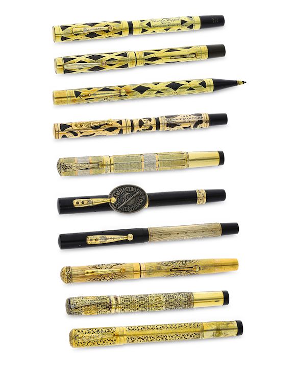 Bonhams : Waterman. A Rare Group of Ten Early Gilt and gold filled ...