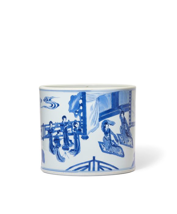 Bonhams : A fine blue and white 'dancers and musicians' brushpot ...