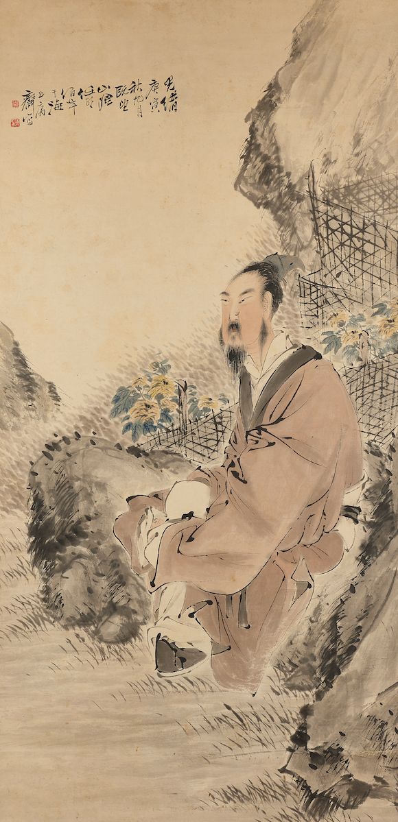Bonhams : Ren Yi (1840-1896) Scholar Sitting by the Chrysanthemum Fence