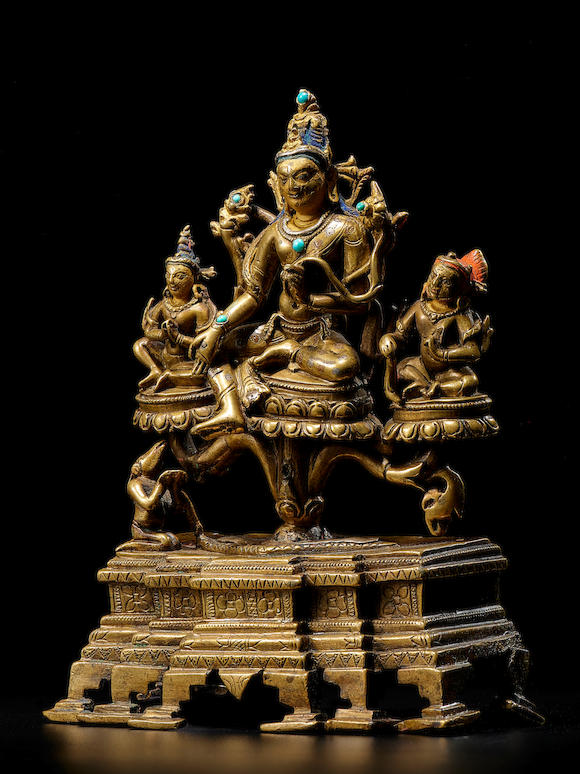 Bonhams A Silver And Copper Inlaid Brass Triad Of Avalokiteshvara