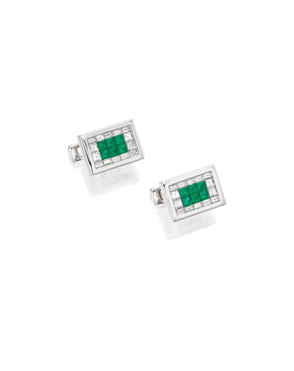 Bonhams : A PAIR OF EMERALD AND DIAMOND CUFFLINKS, GRAFF