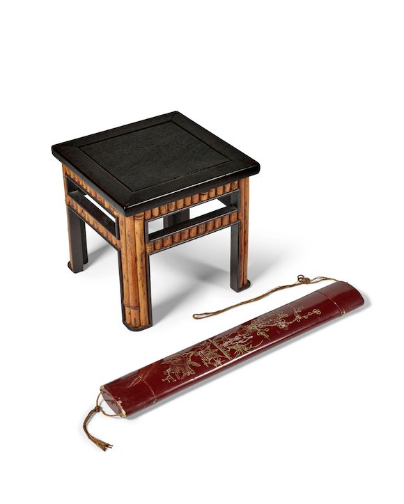 Bonhams : A hardwood-veneered and bamboo-applied stool and a lacquered ...