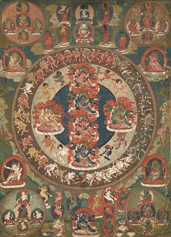 Bonhams : A THANGKA DEPICTING THE PEACEFUL AND WRATHFUL DEITIES OF ...