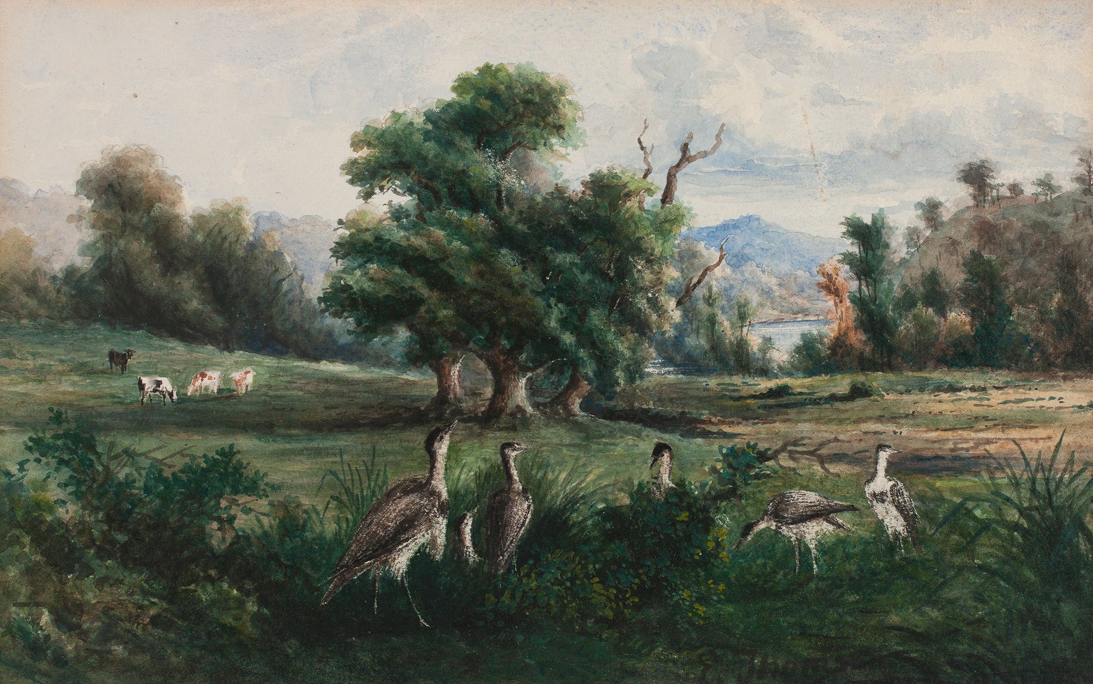 Bonhams : Edward Thomson (1822-1873) On Rocky Creek a Troupe of Bustards