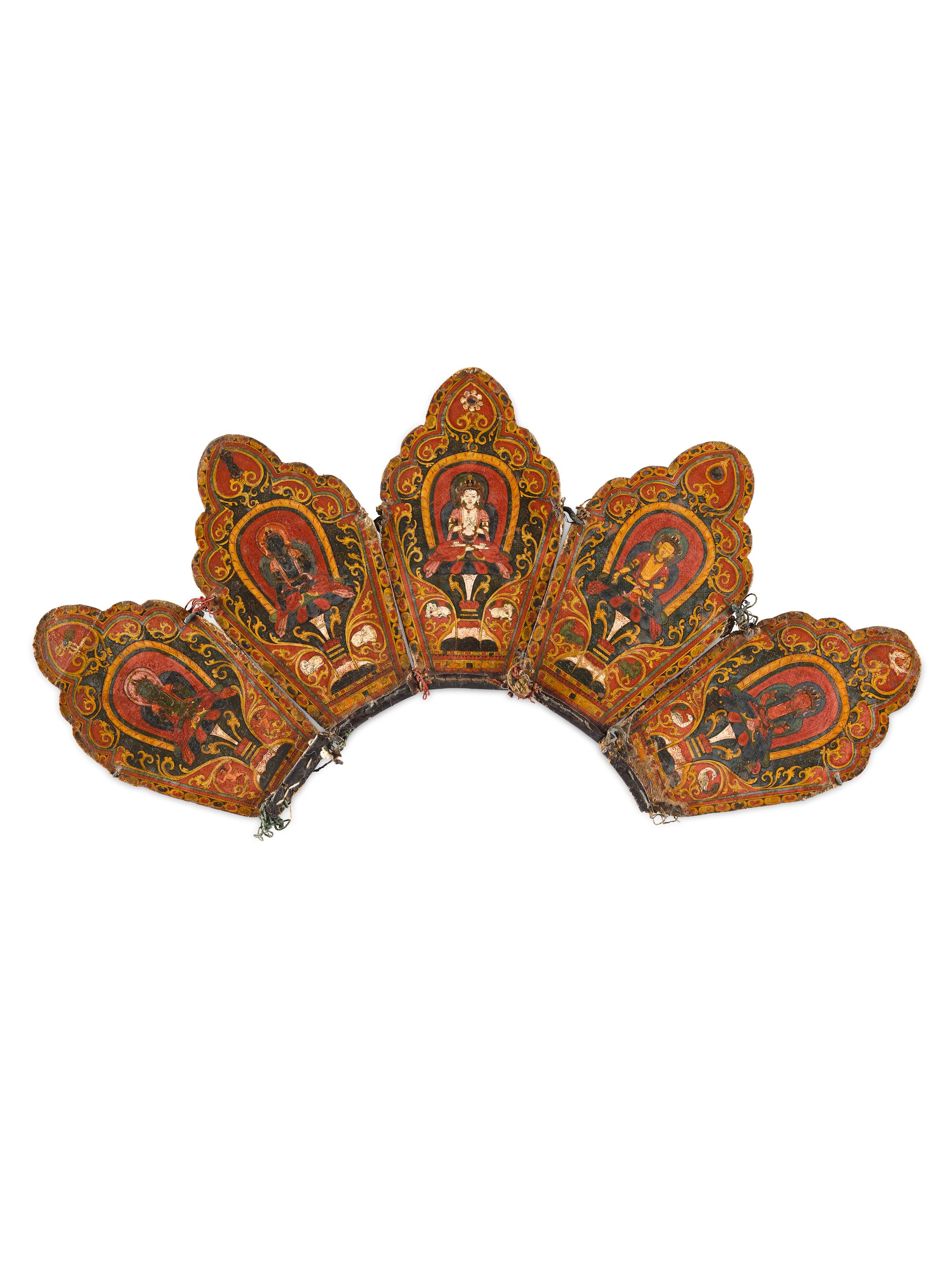 Bonhams : A PAINTED LEATHER RITUAL CROWN WITH THE FIVE PRESIDING ...