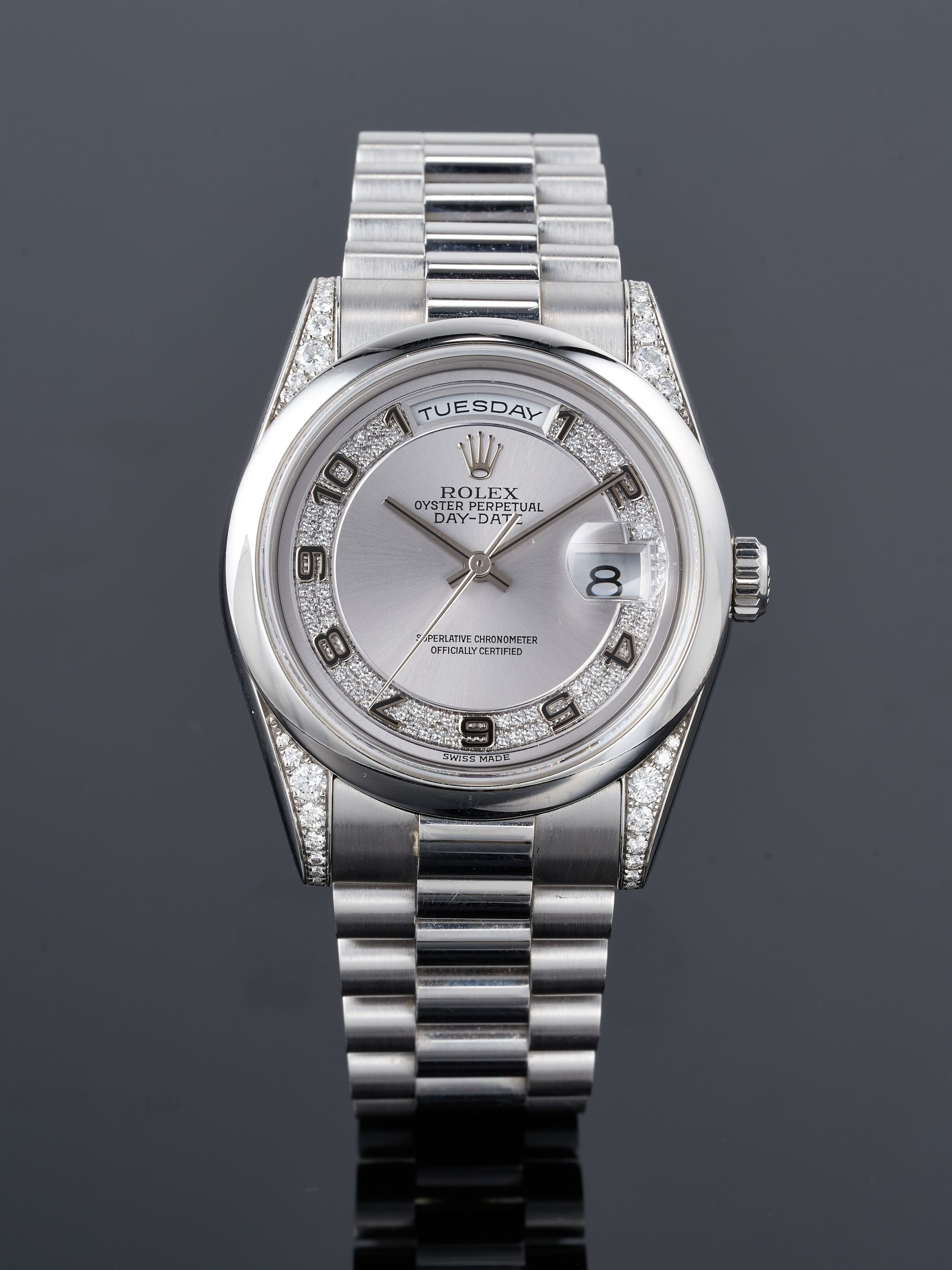 ROLEX | DAY-DATE, REF. 18296, A FINE AND RARE PLATINUM AND DIAMOND-SET ...