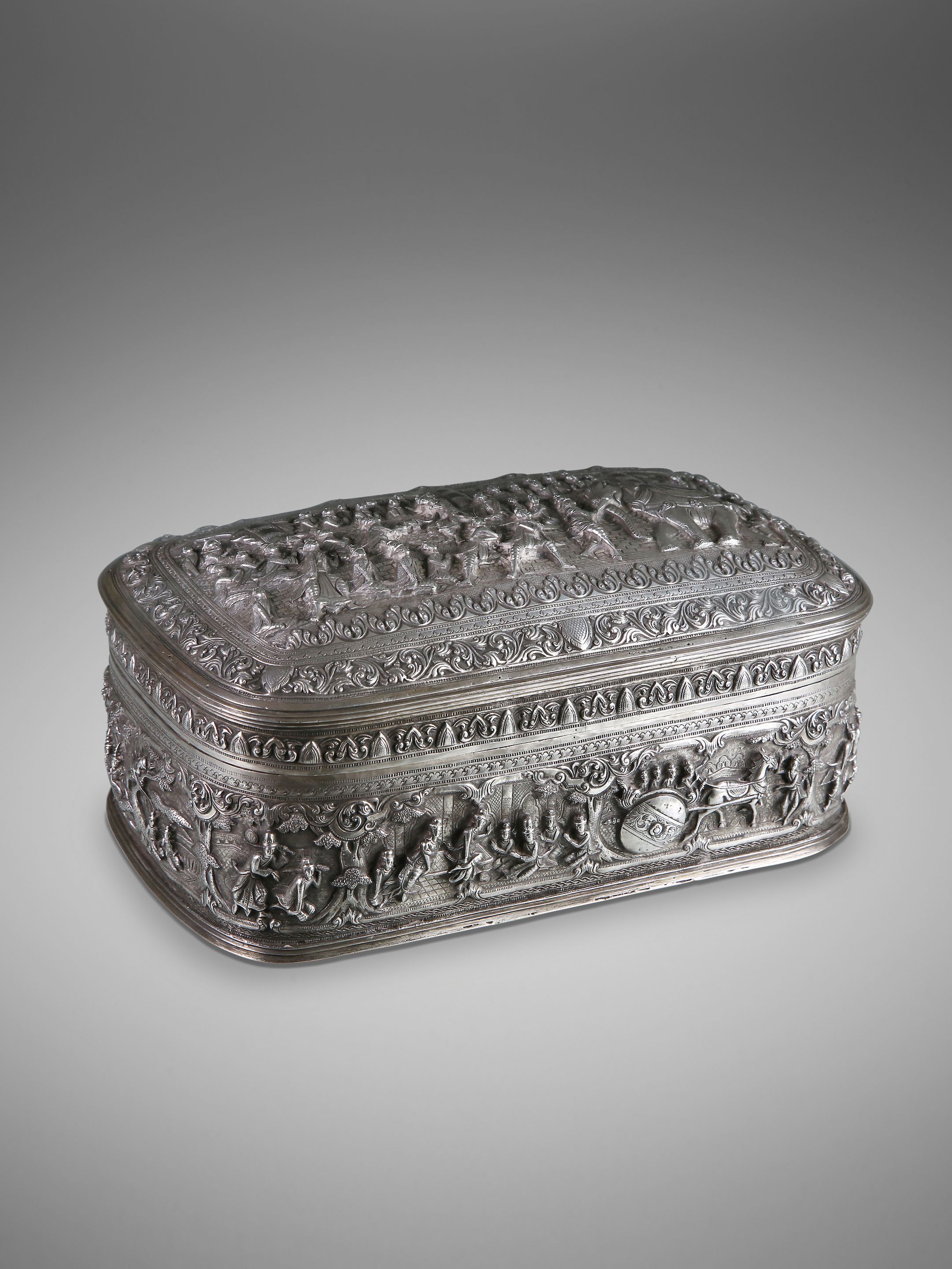 Bonhams : A SILVER TREASURE BOX WITH SCENES FROM THE VESSANTARA JATAKA ...