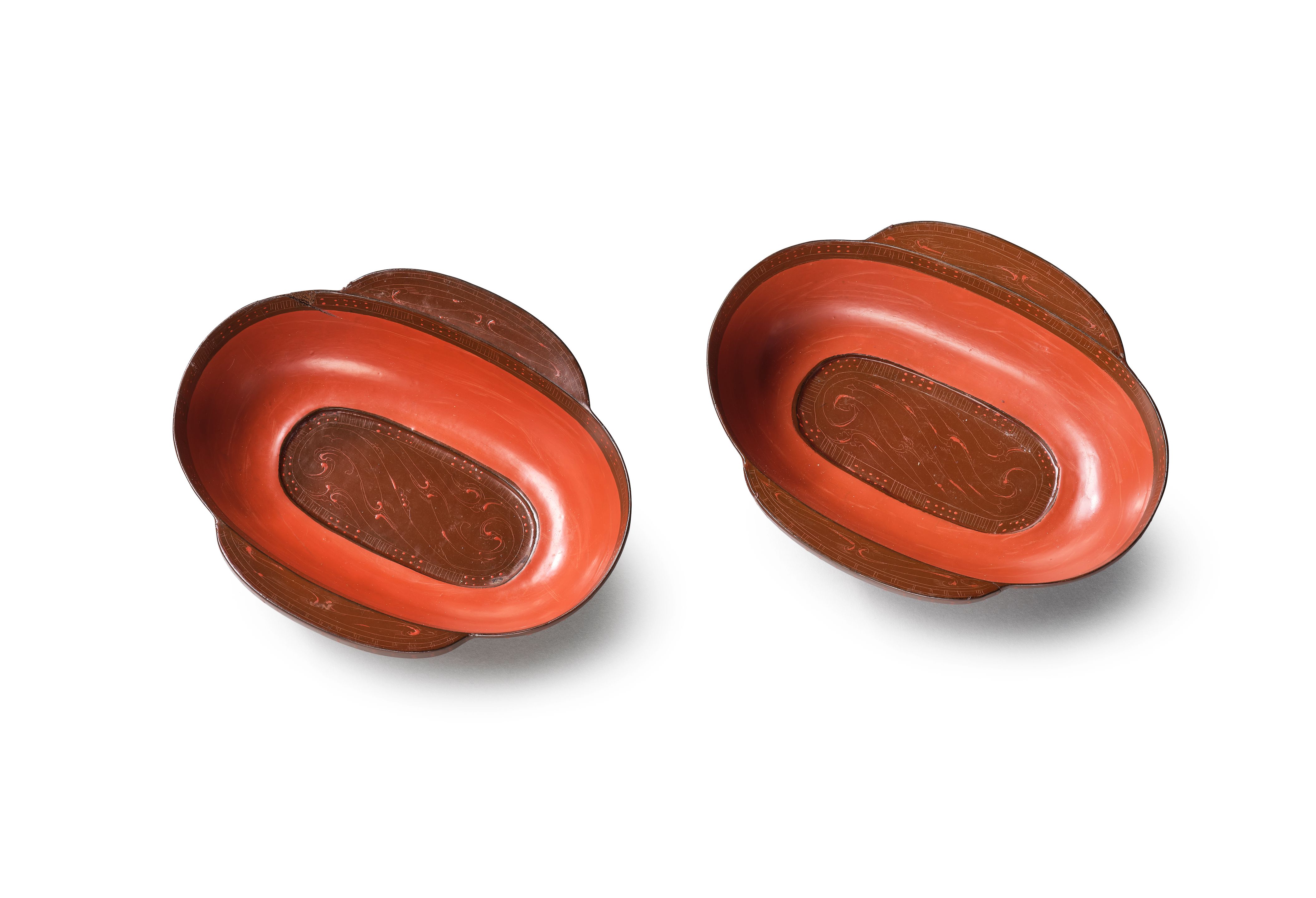 Bonhams : A RARE PAIR OF BLACK AND RED PAINTED LACQUER 'EAR' CUPS ...