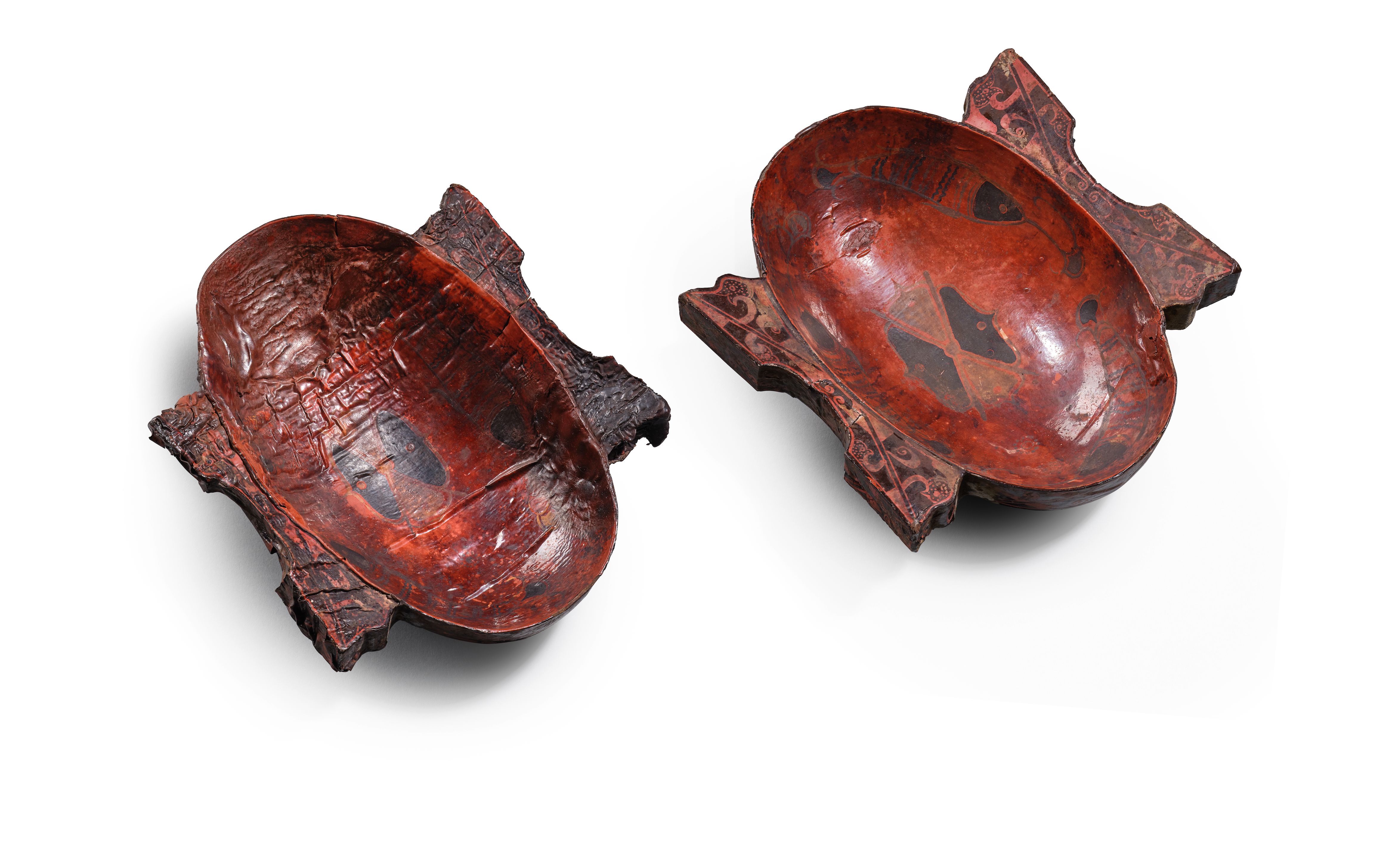 Bonhams : A RARE PAIR OF BLACK AND RED PAINTED LACQUER 'EAR' CUPS ...