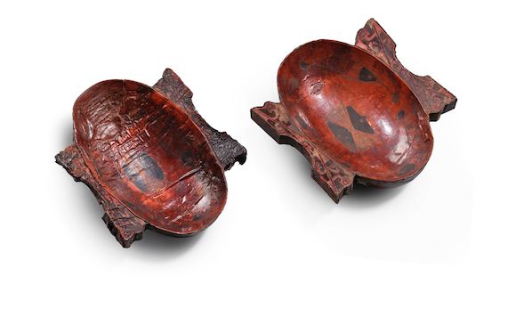 Bonhams : A RARE PAIR OF BLACK AND RED PAINTED LACQUER 'EAR' CUPS ...