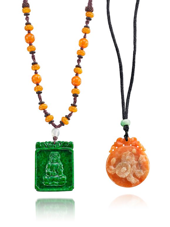 Bonhams : JADEITE AND ALBITE PENDANT; AND A YELLOW JADEITE PENDANT (2)
