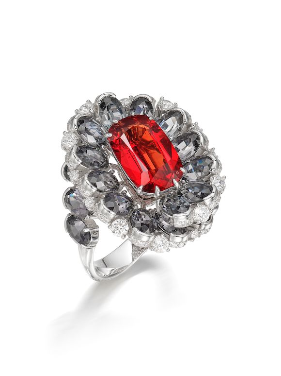 Bonhams : REDDISH-ORANGE SPINEL AND GREY SPINEL AND DIAMOND RING