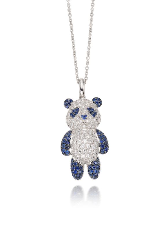 Bonhams : SAPPHIRE AND DIAMOND 'PANDA' PENDANT NECKLACE