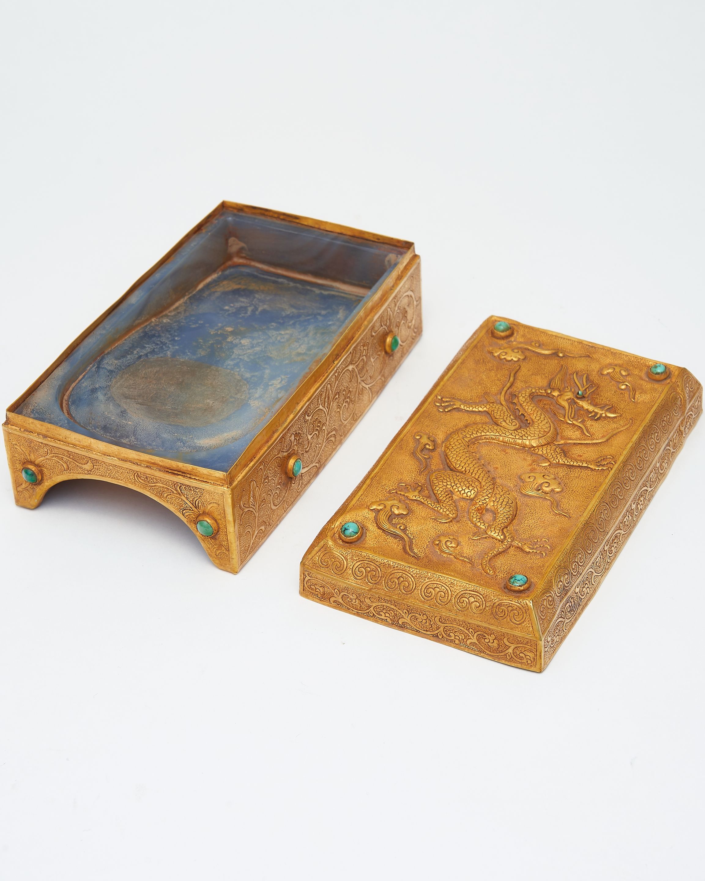 Bonhams : An agate inkstone with gilt and repousse 'dragon' casing Qing ...