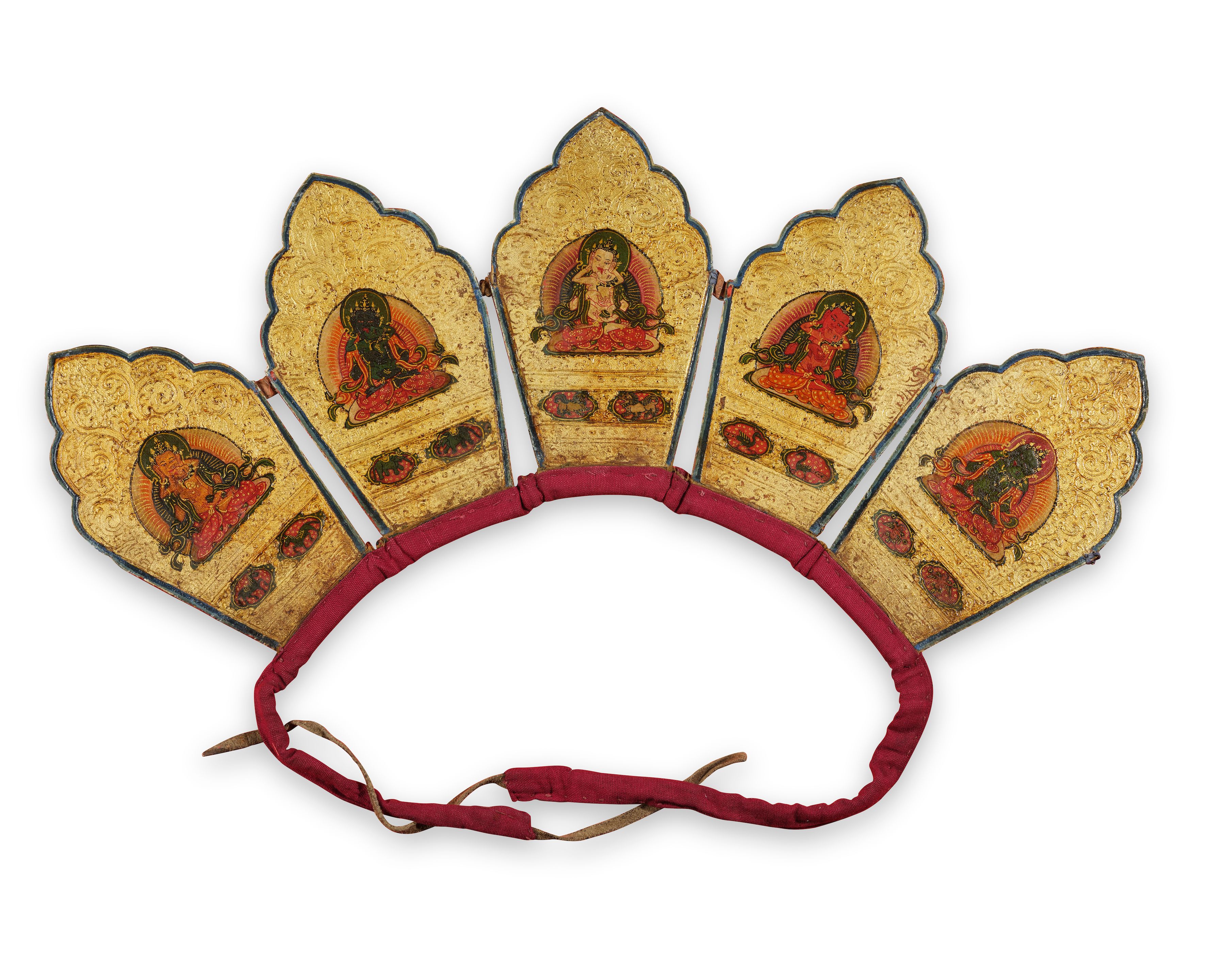 Bonhams : A PAINTED LEATHER RITUAL CROWN WITH THE FIVE PRESIDING ...