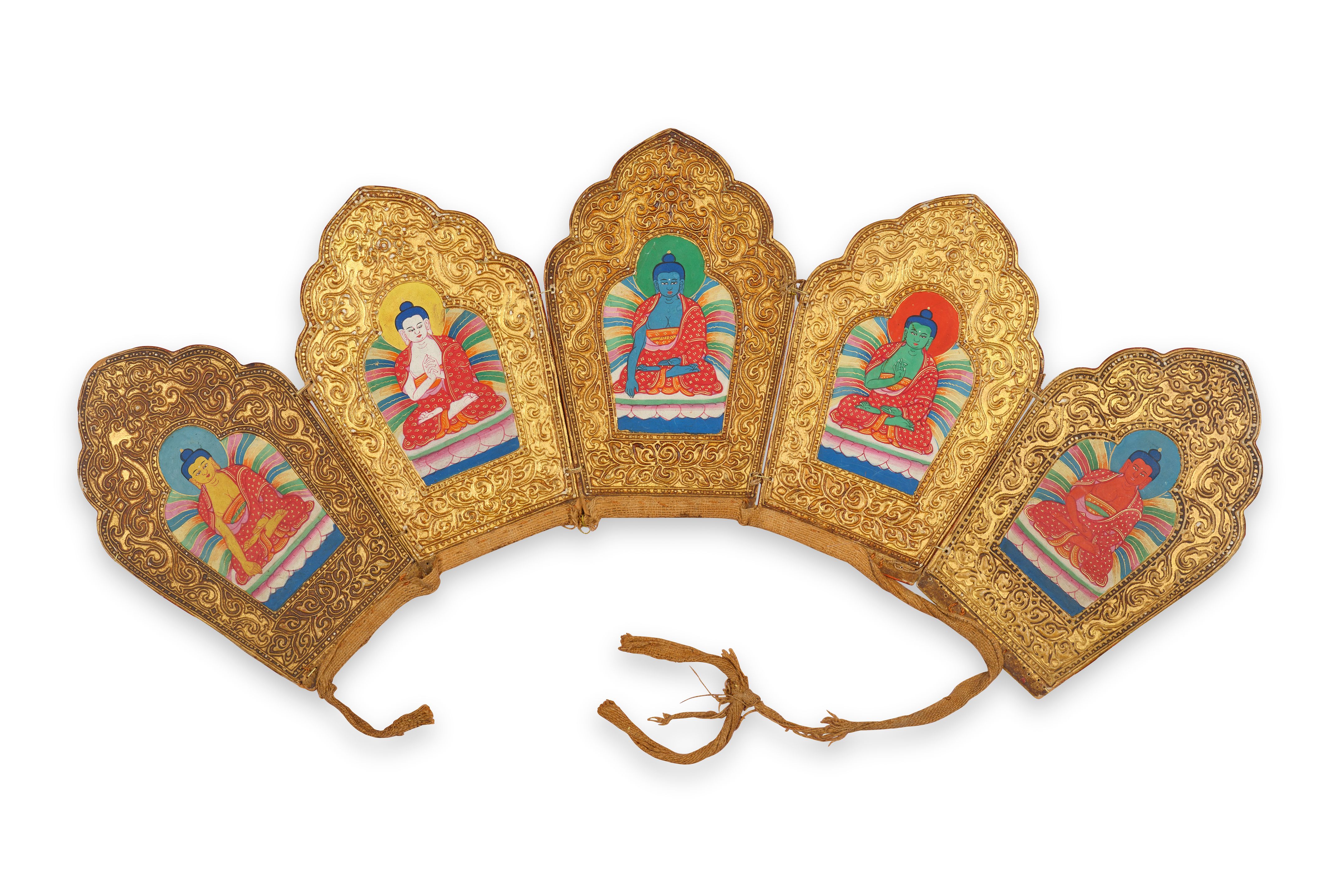 Bonhams : A PAINTED LEATHER RITUAL CROWN WITH THE FIVE PRESIDING ...