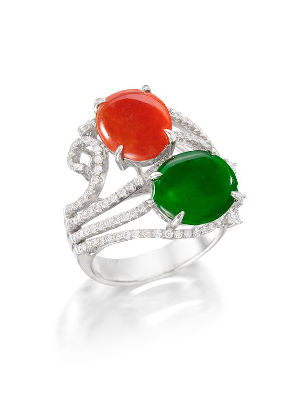 Bonhams : JADEITE, RED JADEITE AND DIAMOND RING
