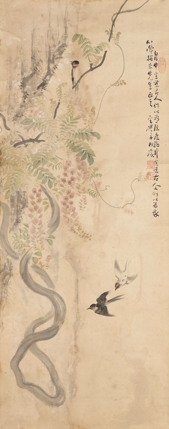 Bonhams : KE HUANG (1867-1963) Wisteria and Swallow