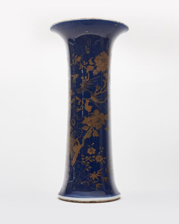 Bonhams : A blue-glazed and gold painted beaker vase 19th century