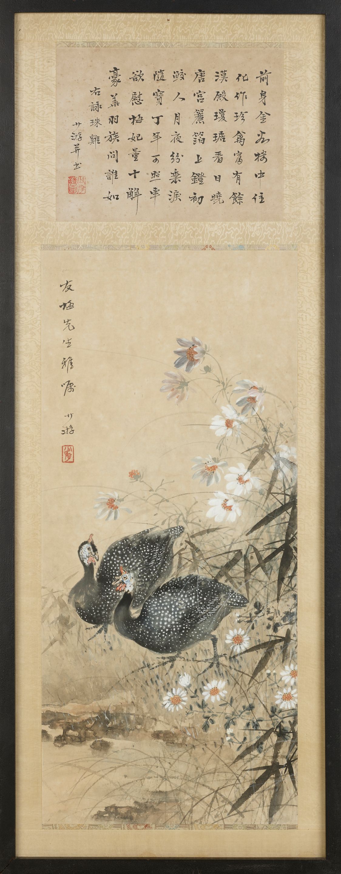 Bonhams : BAO SHAOYOU (1892-1985) Two Guineafowls and Flowers