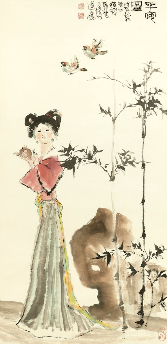 Bonhams : CHENG SHIFA (1921-2007) Girl, Bamboo and Two Sparrows
