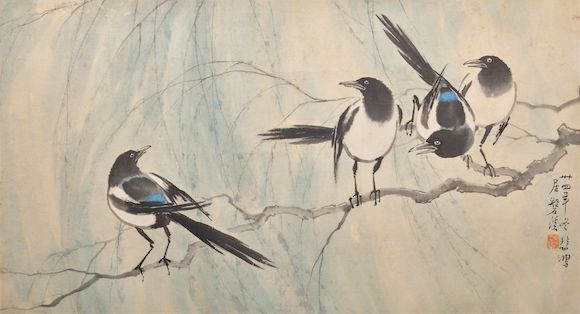 Bonhams : XU BEIHONG (1895-1953) Four Magpies on Willow Tree