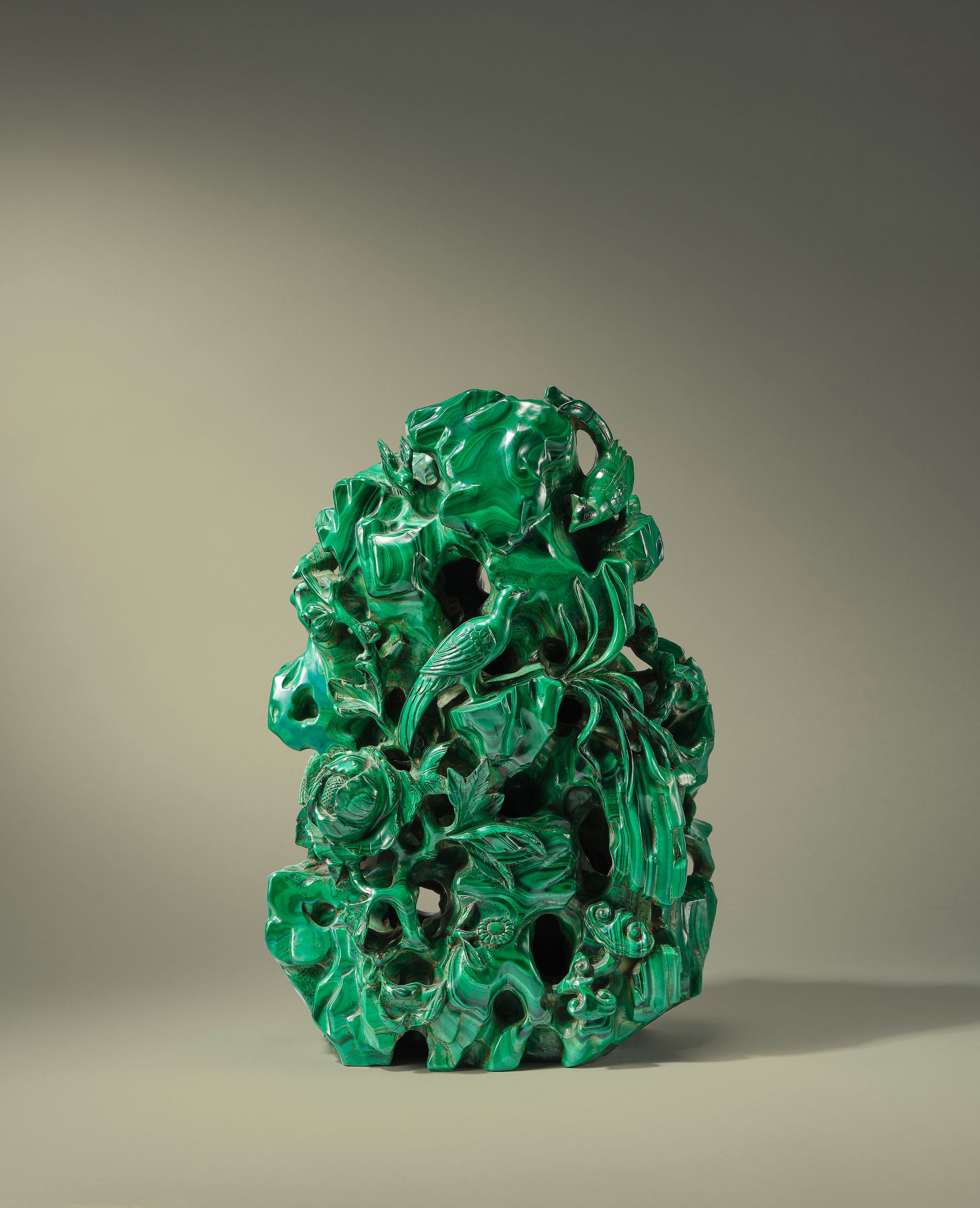 Bonhams : A LARGE AND RARE MALACHITE 'FLOWER AND BIRDS' BOULDER 18th ...