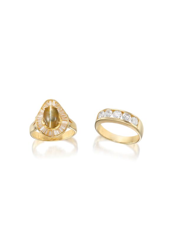 Bonhams : CAT'S EYE CHRYSOBERYL AND DIAMOND RING, AND DIAMOND RING (2)