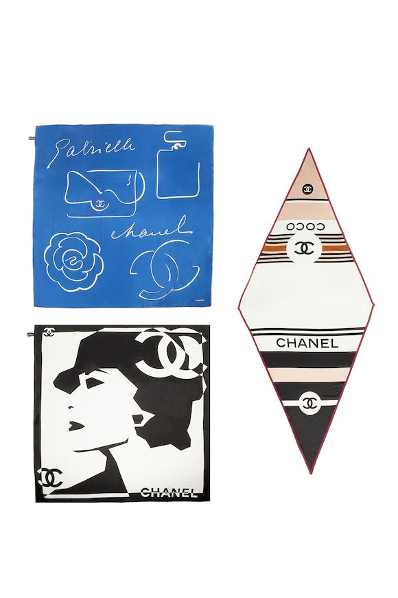 Bonhams : CHANEL BLACK AND WHITE SILK CC COCO 90CM SILK SCARF; NAVY ...