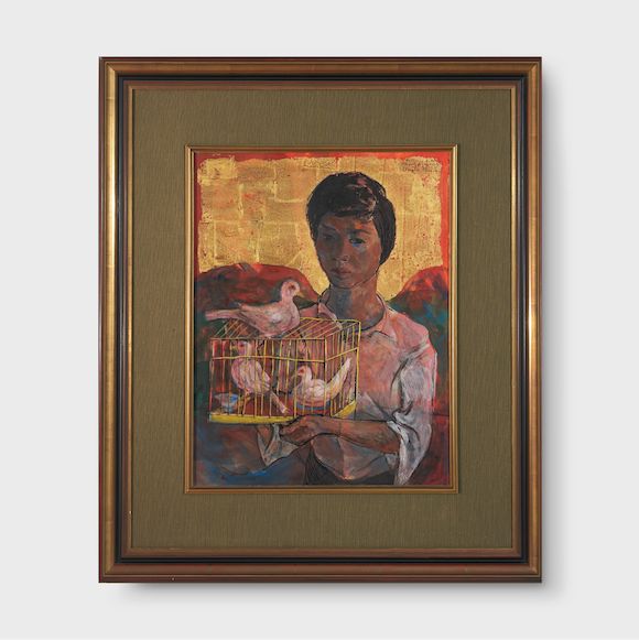 Bonhams : Donald Friend (1915-1989) Balinese with Caged Pidgeons, c.1975