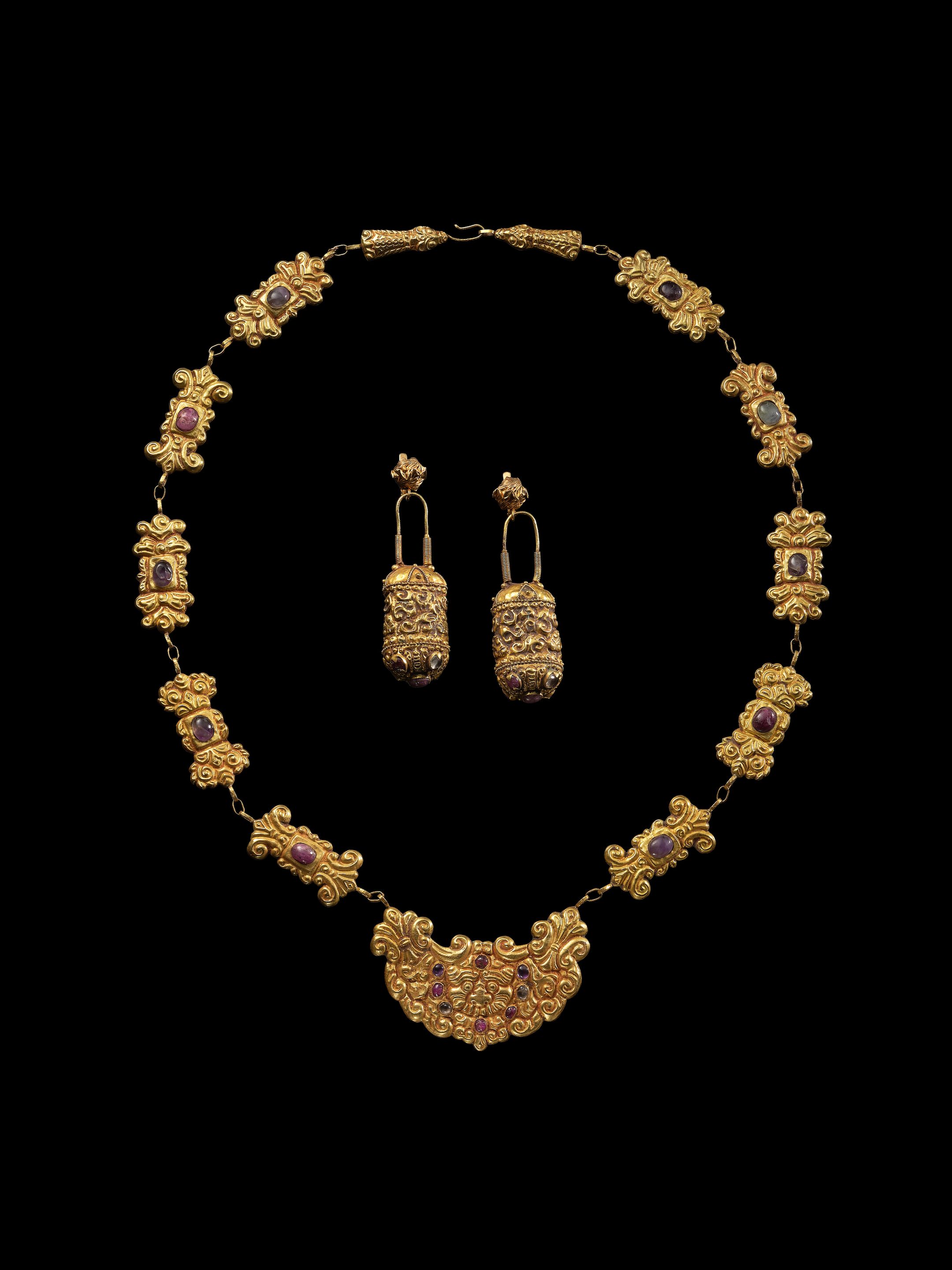 Bonhams : A Gold Repoussé and Gem-Set Necklace and a Pair of Gold ...